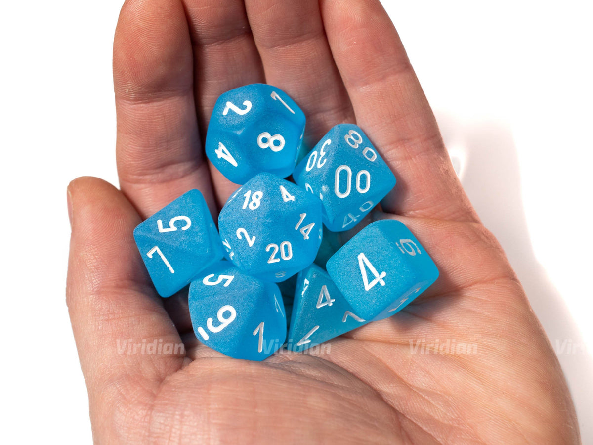 Frosted Caribbean Blue And White Chessex Dice Set 7 Viridian Dice