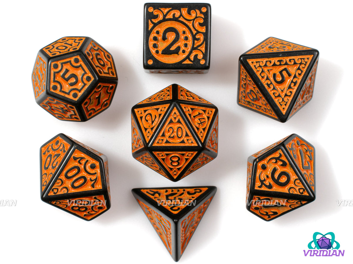 Orange Flame | Black and Orange Ornate Design | Acrylic Dice Set (7 ...