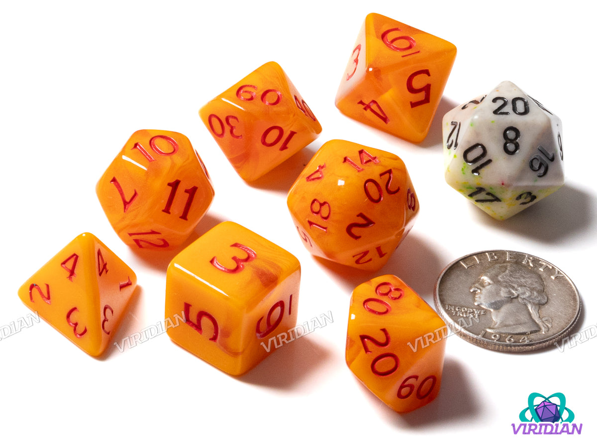 Cheese Whiz | Yellow & Orange Swirled, Red Ink | Polyhedral Dice Set ...