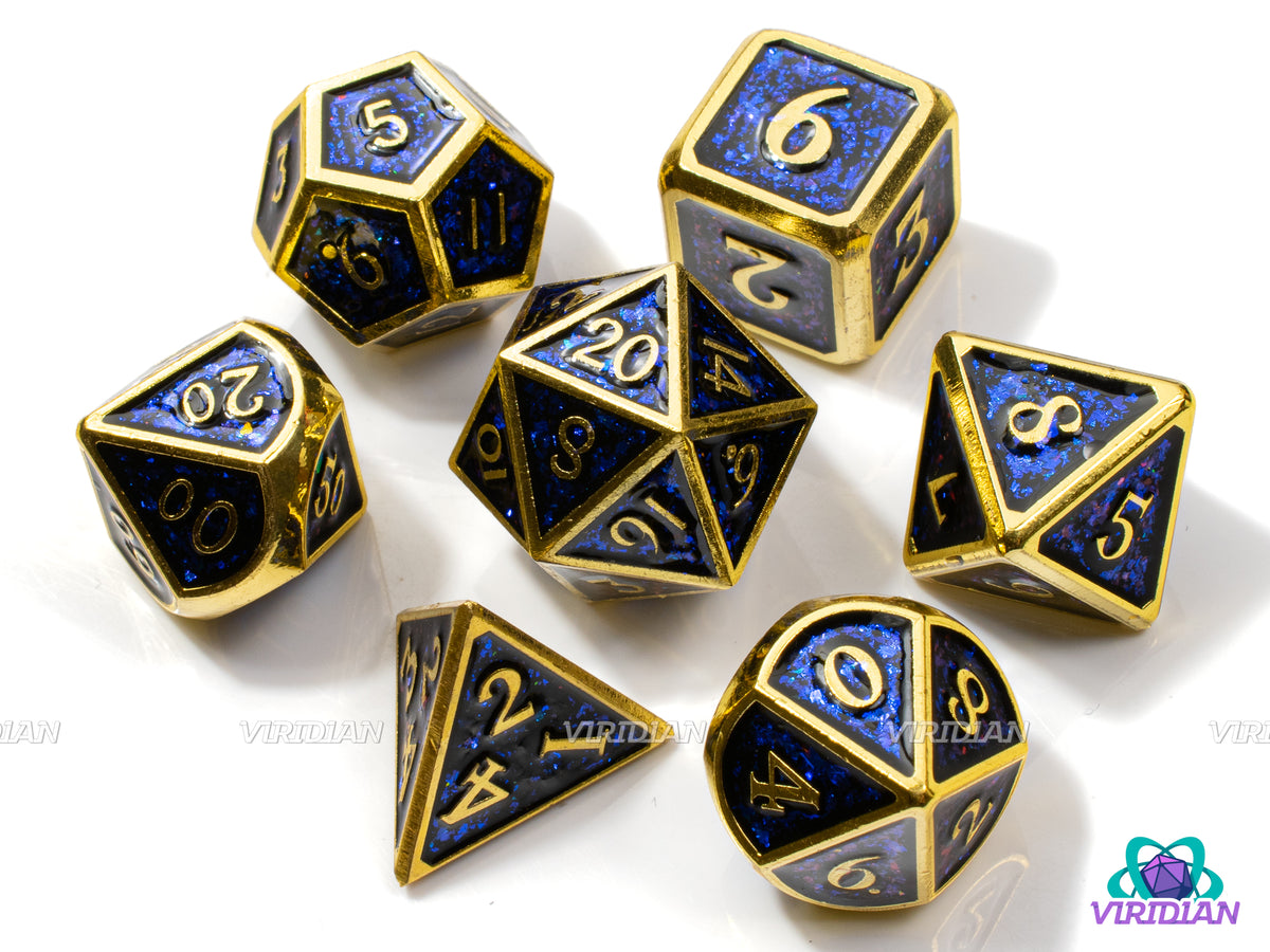 Blue & Gold | Dark Navy Blue & Black Sequined Mica | Metal Dice Set (7 ...