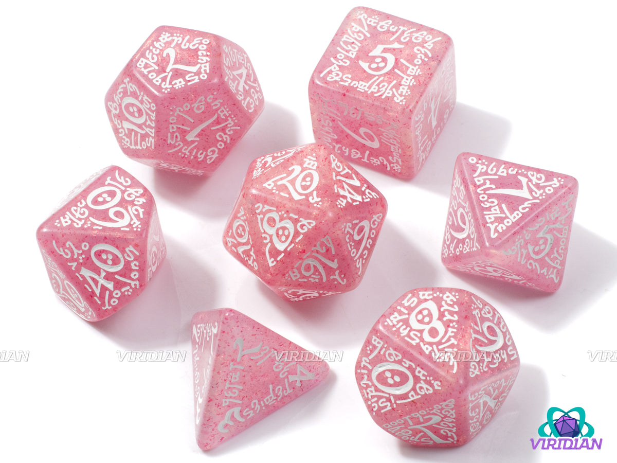 Elvish | Glittery Pink & White, Elven Script, Dice Set (7) | Q Worksho ...