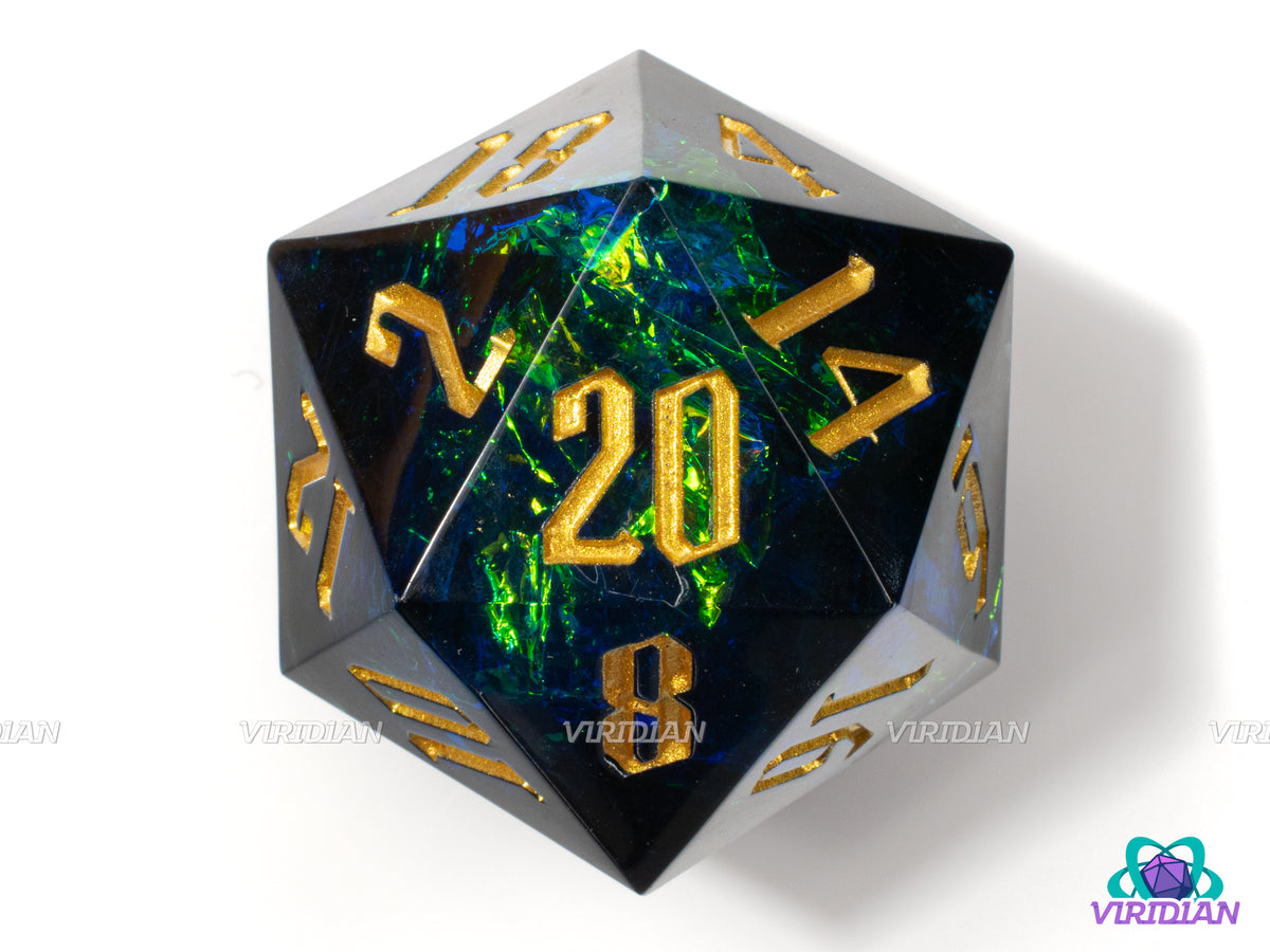 Typhoon (D20) | Sharp Edged, Translucent Dark Blue, Gold Holographic F – Viridian Dice