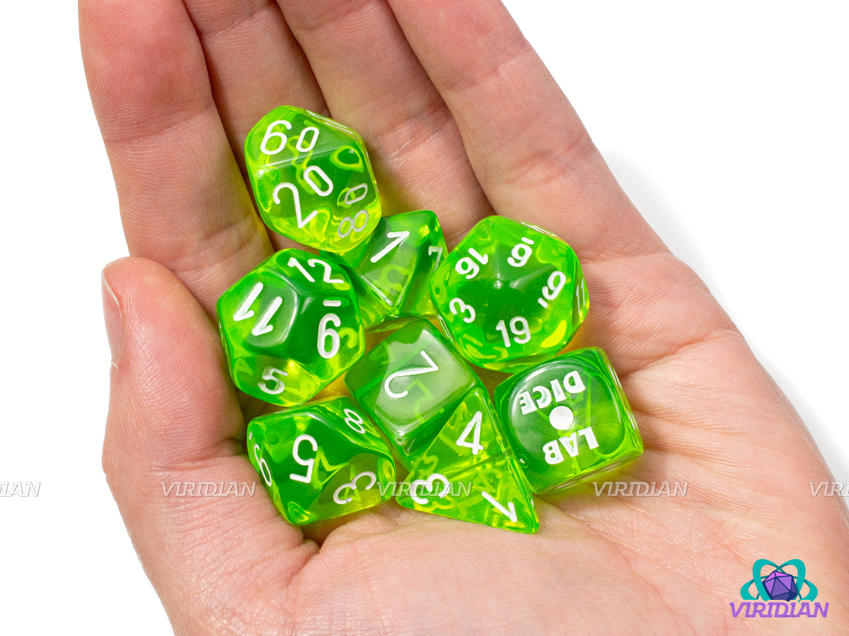 Translucent Rad Green & White | Lab 7 (2023) | Chessex Dice Set (7+1 B ...