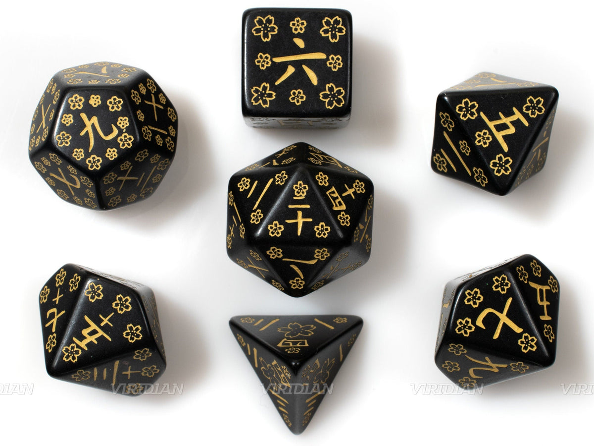 Deep Night Firefly | Black & Gold Kanji Japanese Dice Set (7) | Q Work ...