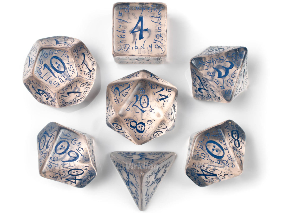 Elvish | Clear & Blue Dice Set (7) | Q Workshop – Viridian Dice