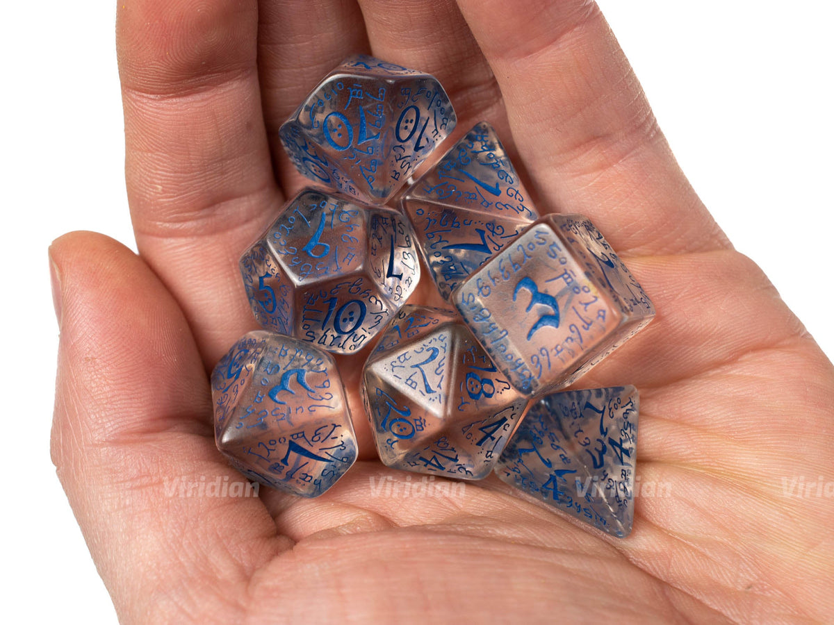 Elvish | Clear & Blue Dice Set (7) | Q Workshop – Viridian Dice