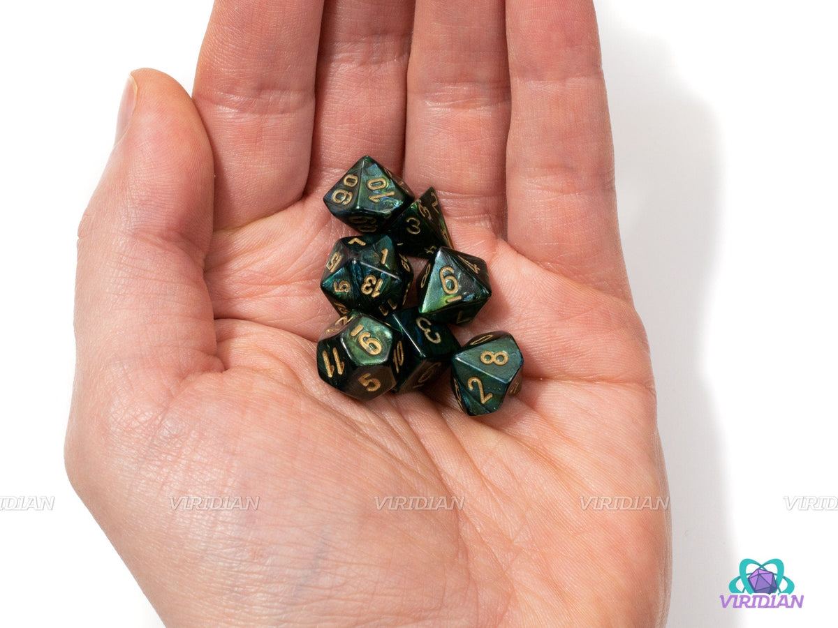 Mini Scarab Jade & Gold | 10mm Acrylic Dice Set (7) | Chessex ...