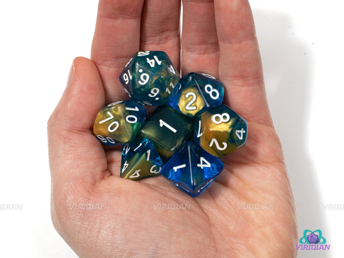Riptide | Blue, Teal & Gold Translucent Acrylic Dice Set (7) | Dungeon ...