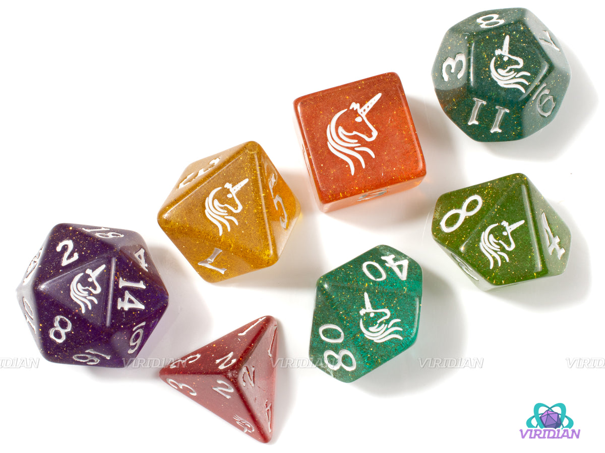Rainbow Unicorn Assault | Glitter Acrylic Dice Set (7) | Dungeons and ...