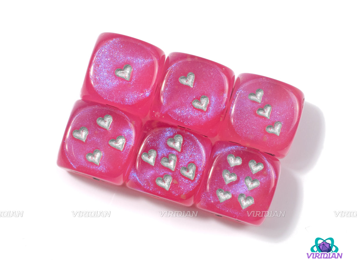 Borealis Pink & Silver | Set of (6) 16mm Heart Pipped D6s | Chessex ...