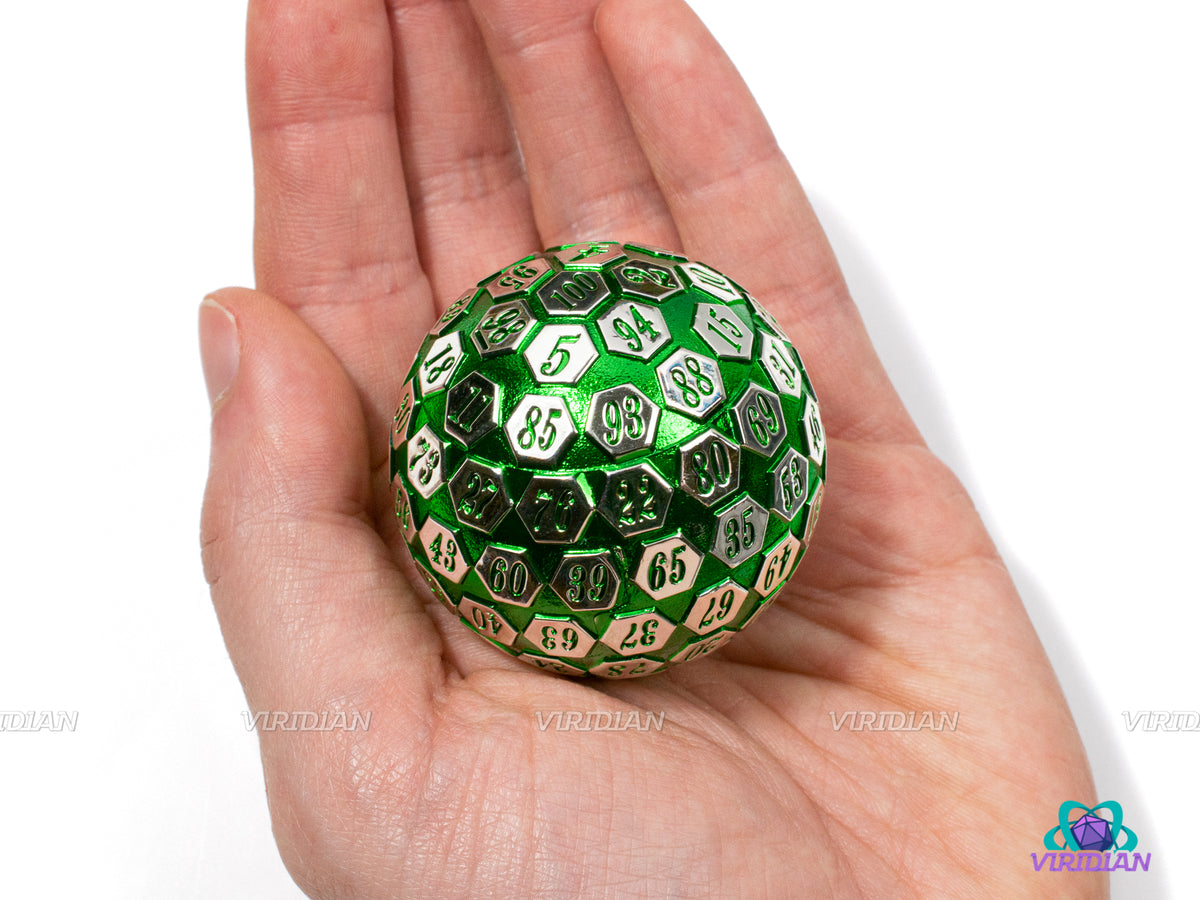 Green & Silver D100 | Giant Metal Die (1) – Viridian Dice