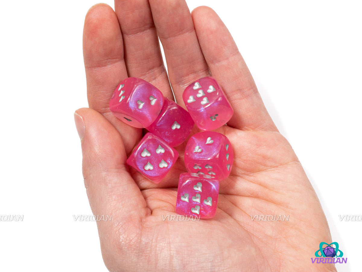 Borealis Pink & Silver | Set of (6) 16mm Heart Pipped D6s | Chessex ...