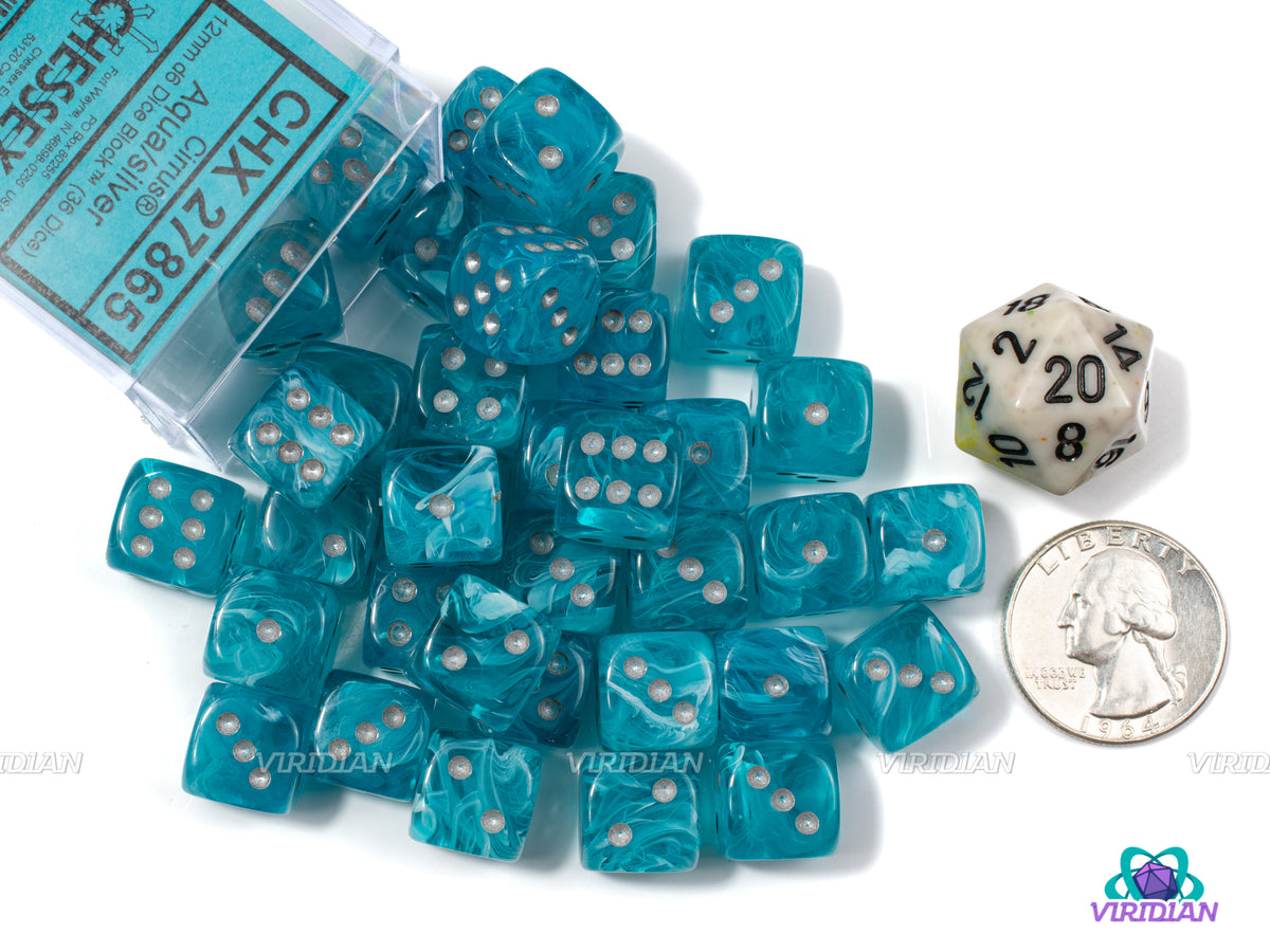 Cirrus Aqua & Silver D6s (12mm, 36) | D6 Block | Chessex Dice (36) | W ...