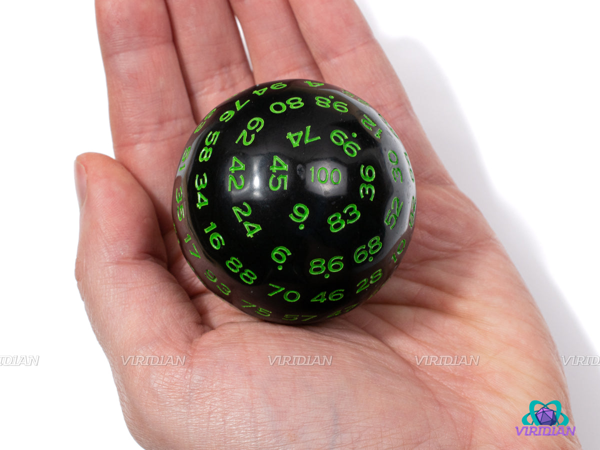 Black & Green D100 (Smooth) | 50mm Giant Acrylic Die (1) – Viridian Dice
