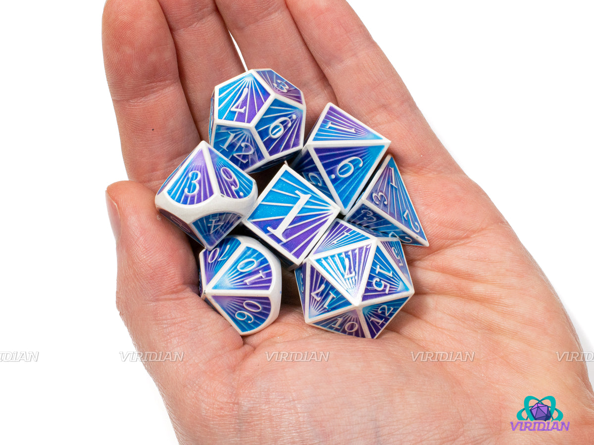 Ranni's Rays | Purple and Blue Ray Striped Style | Metal Dice Set (7 ...