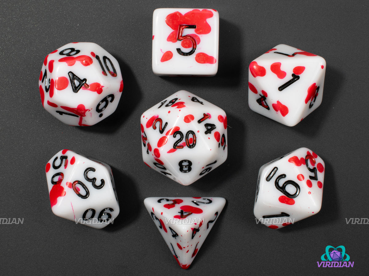 Death Save | White, Red Blood Splatter Speckles | Acrylic Dice Set (7 ...