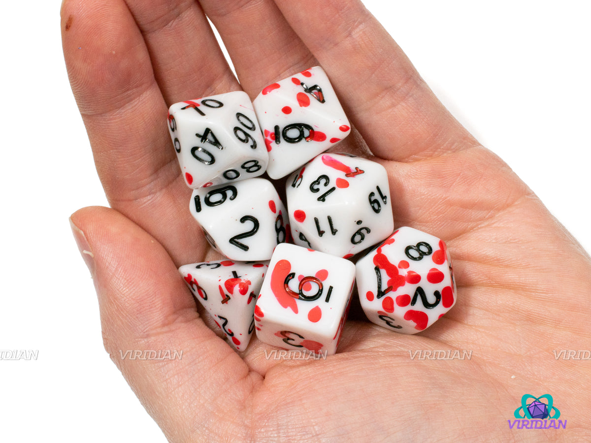 Death Save | White, Red Blood Splatter Speckles | Acrylic Dice Set (7 ...