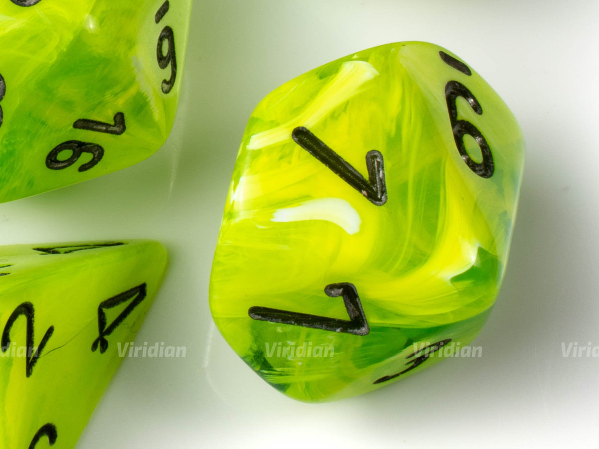 Vortex Bright Green & Black | Chessex Dice Set (7) – Viridian Dice