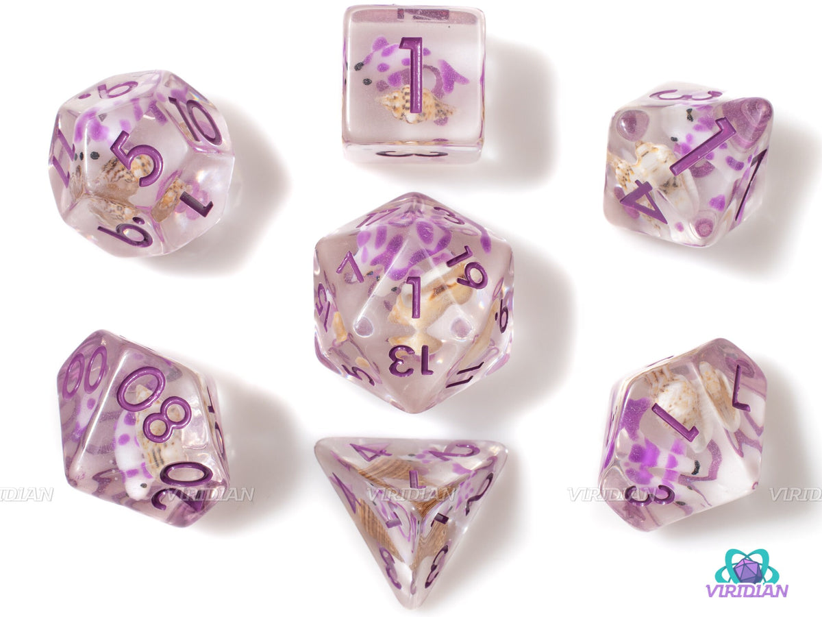 Purple Koi | Fish & Conch Shell Inside Clear Resin Dice Set (7 ...