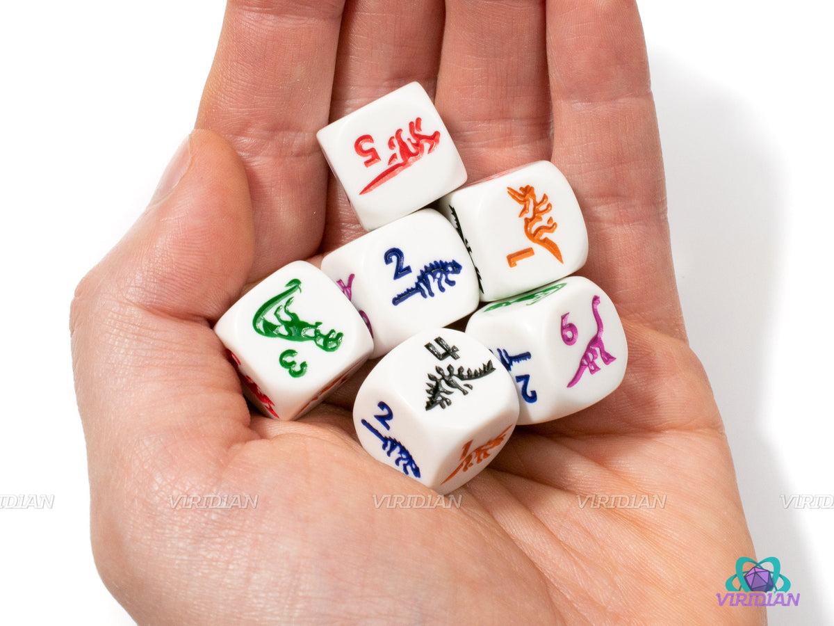 Dino-Mite! | (6) 16mm Acrylic Multicolor Dinosaur D6 Dice – Viridian Dice